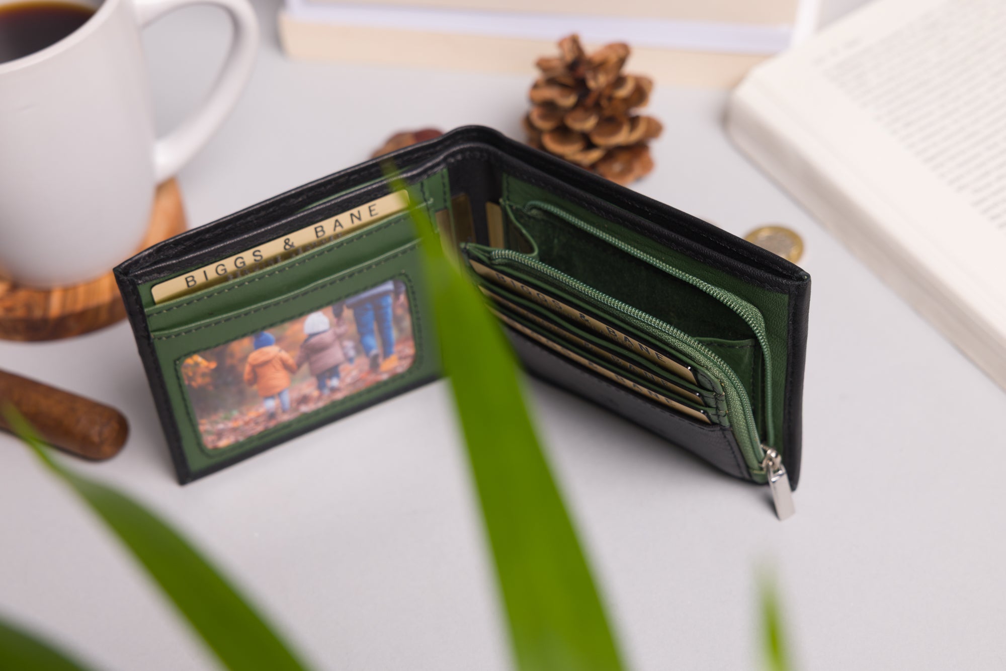 Black & Green Leather Wallet – Personalised Bifold with Zip Coin Pocket ...